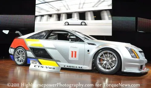 The passenger side front corner of the Cadillac CTS-V Coupe race car
